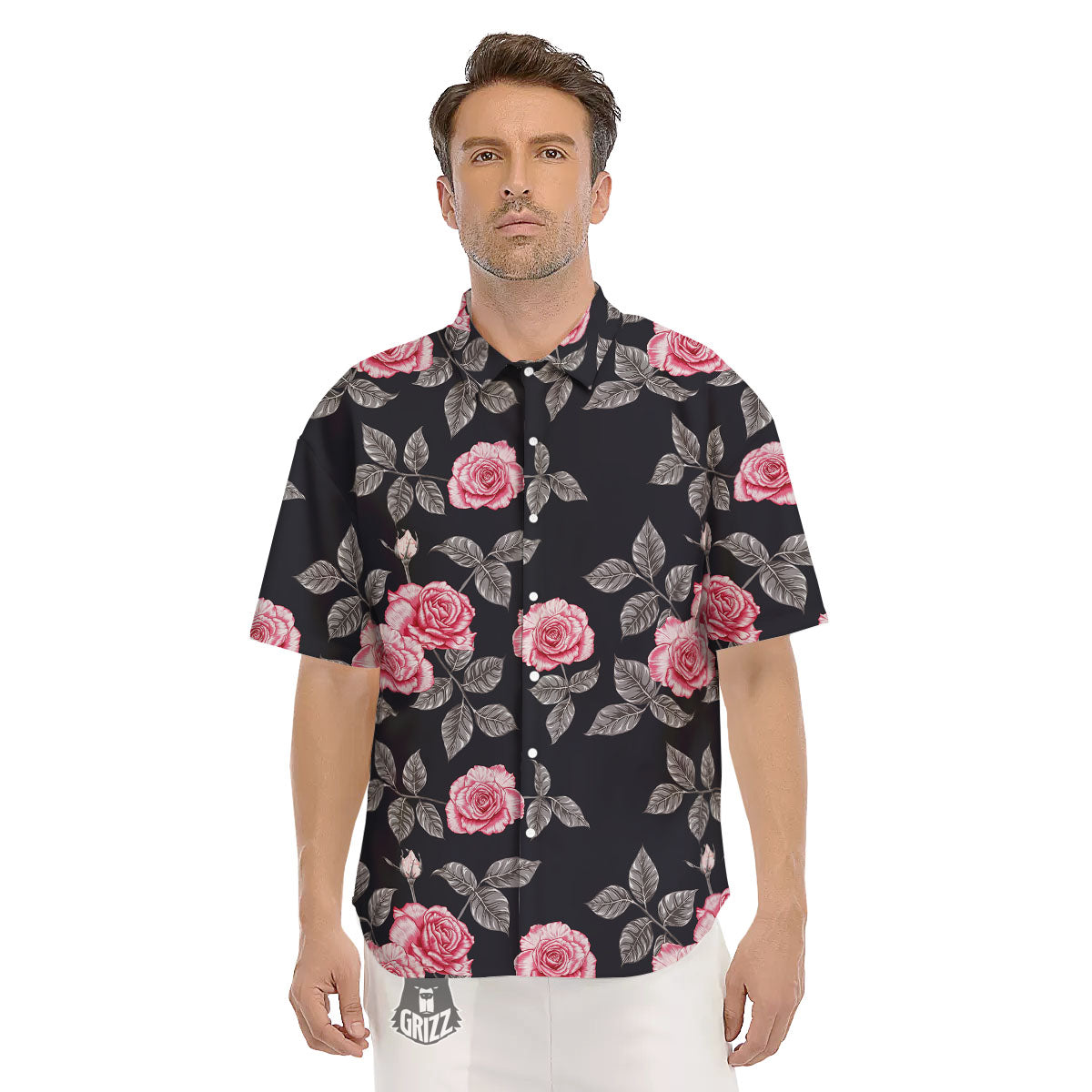 Rose Pink Print Pattern Men's Short Sleeve Shirts