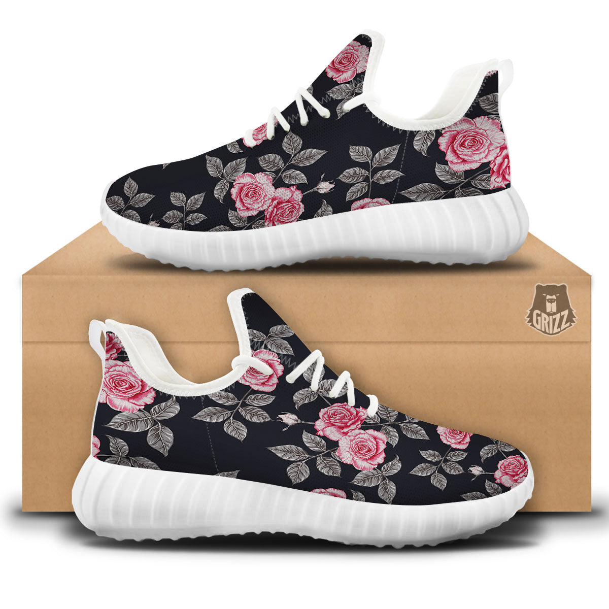 Rose Pink Print Pattern White Walking Shoes