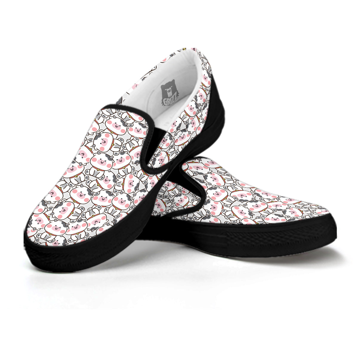 Smiley Cow Cute Print Pattern Black Slip On Shoes