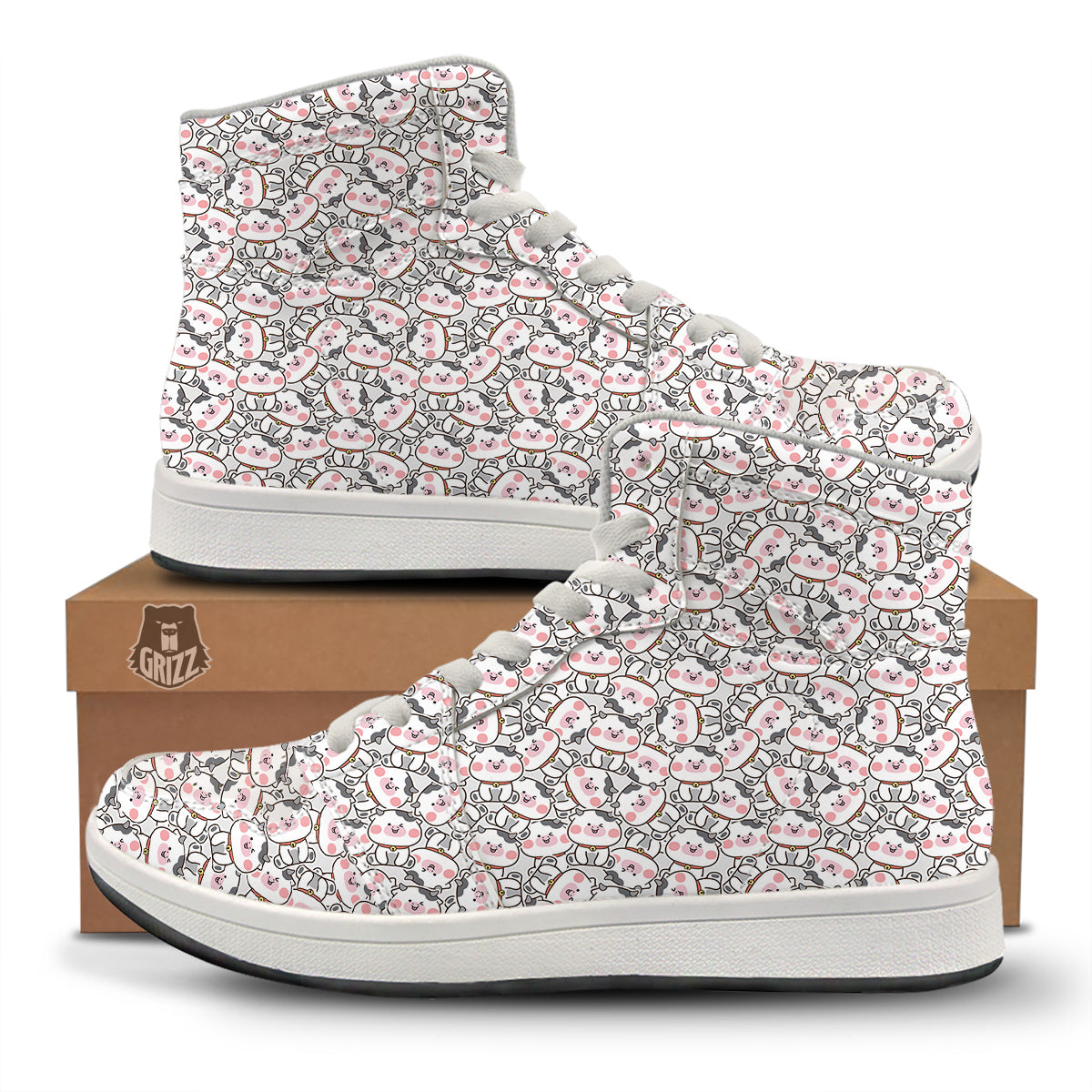Smiley Cow Cute Print Pattern High Top Sneakers