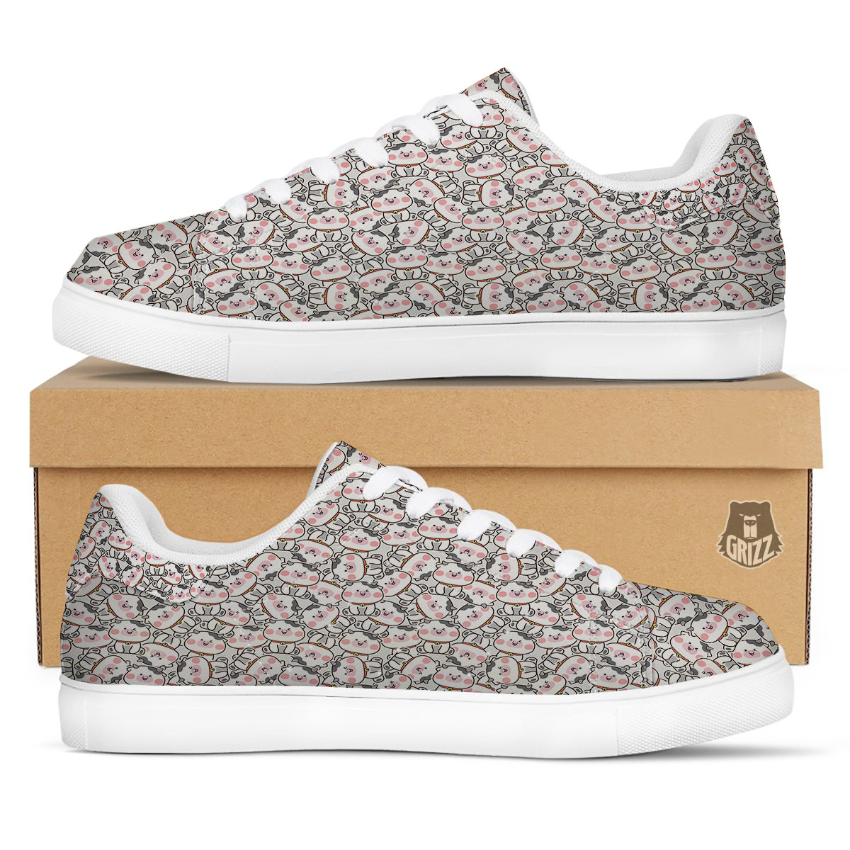 Smiley Cow Cute Print Pattern White Low Top Sneakers