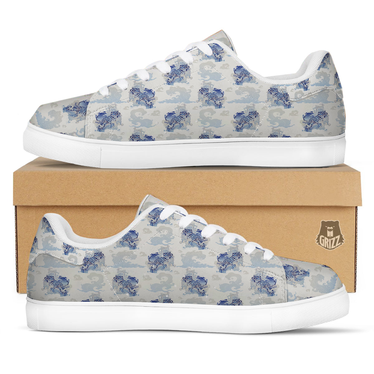 White Tiger Tattoo Japanese Print Pattern White Low Top Sneakers