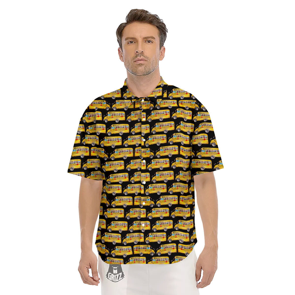 Yellow Bus Print Pattern Men's Short Sleeve Shirts