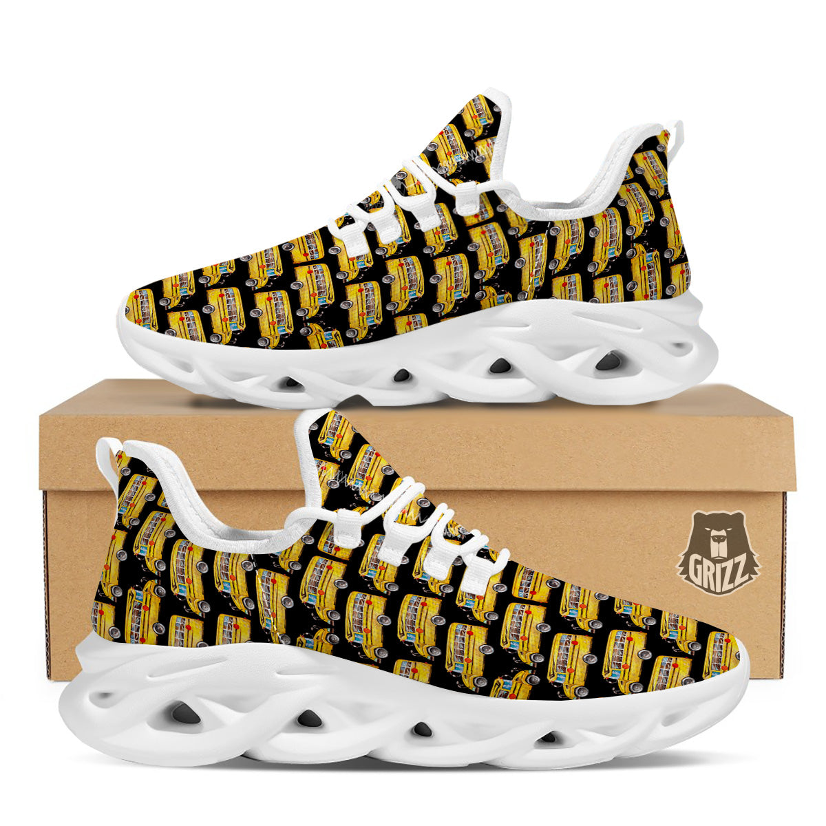 Yellow Bus Print Pattern White Running Shoes