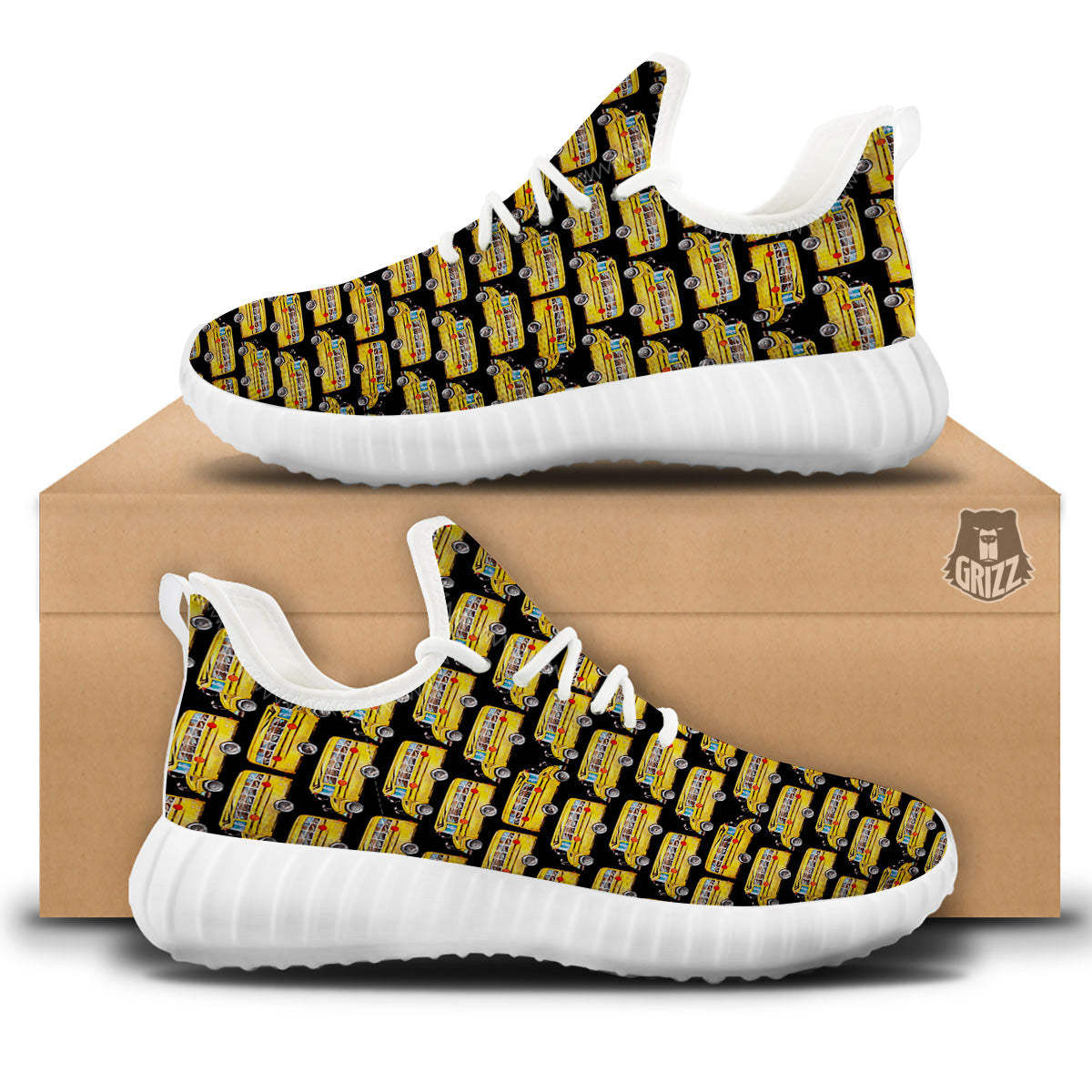 Yellow Bus Print Pattern White Walking Shoes