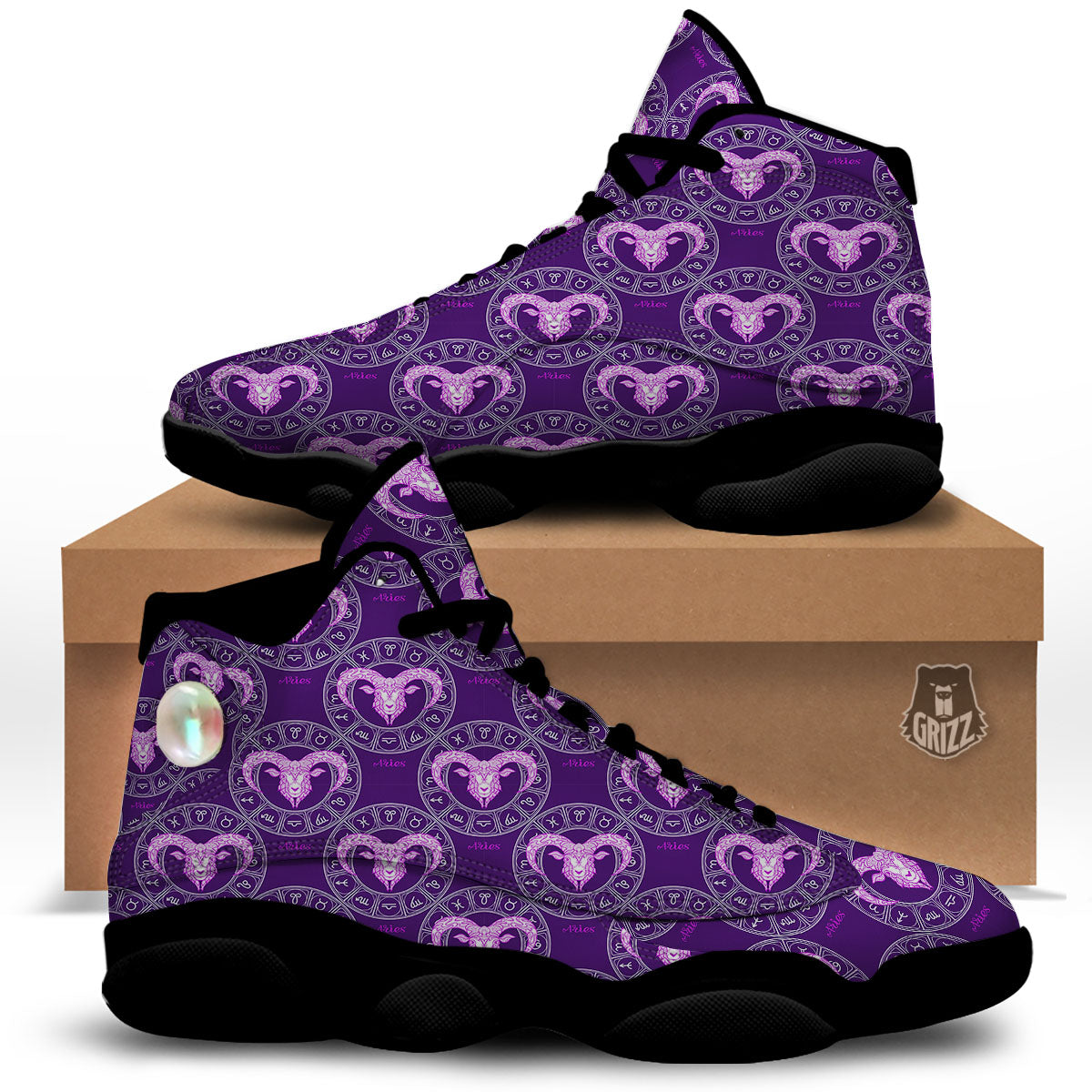 Zodiac Aries Purple Print Pattern Black Basketball Shoes