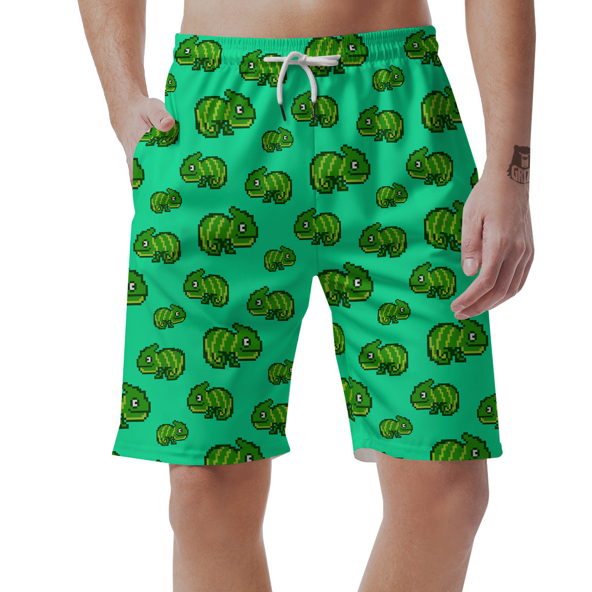 8 Bit Pixel Green Chameleons Print Pattern Men's Shorts