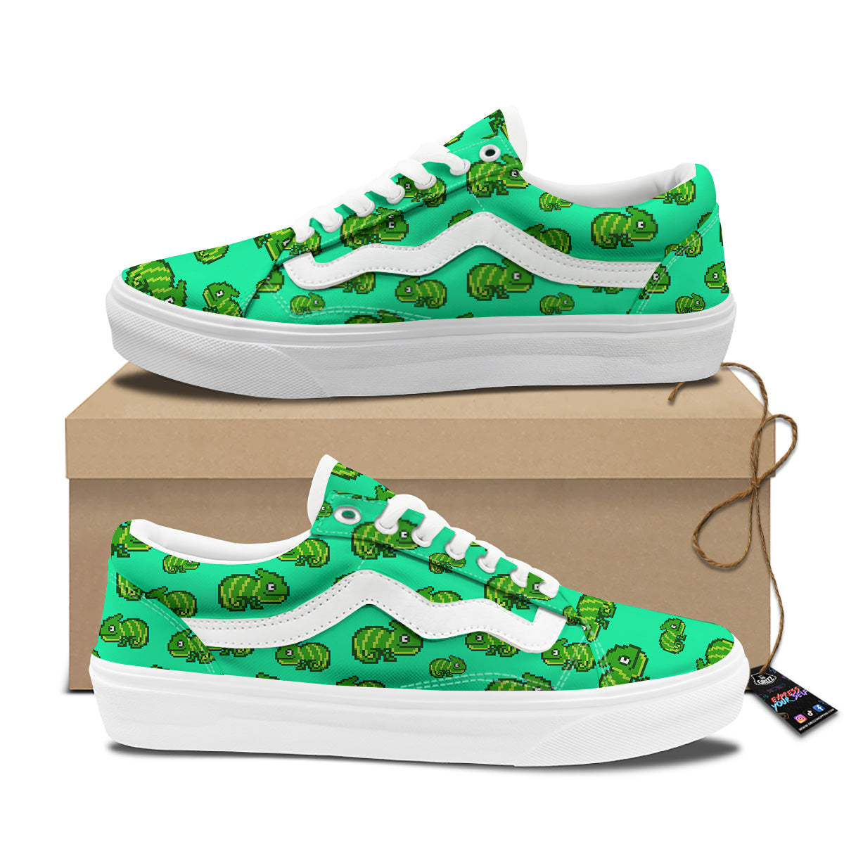 8 Bit Pixel Green Chameleons Print Pattern Skate Shoes