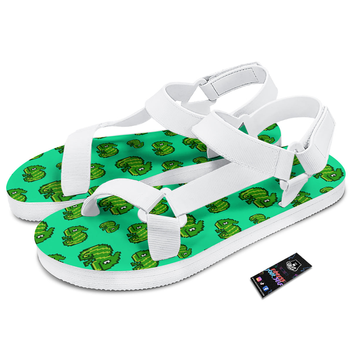 8 Bit Pixel Green Chameleons Print Pattern White Open Toe Sandals