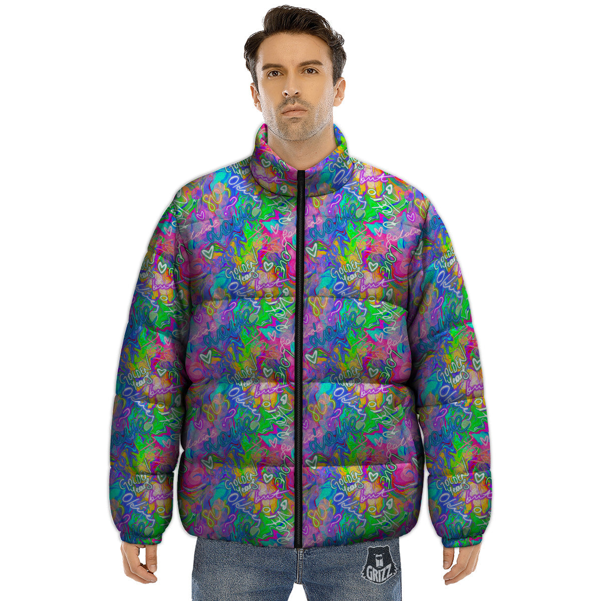 Abstract Graffiti Hand Drawing Neon Retro Print Pattern Puffer Jacket