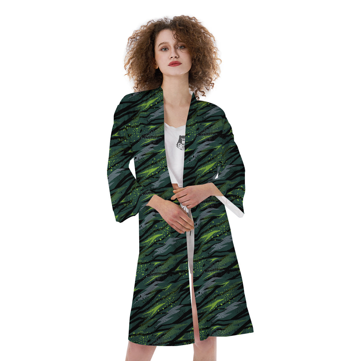 Abstract Green Lightning Print Pattern Kimono
