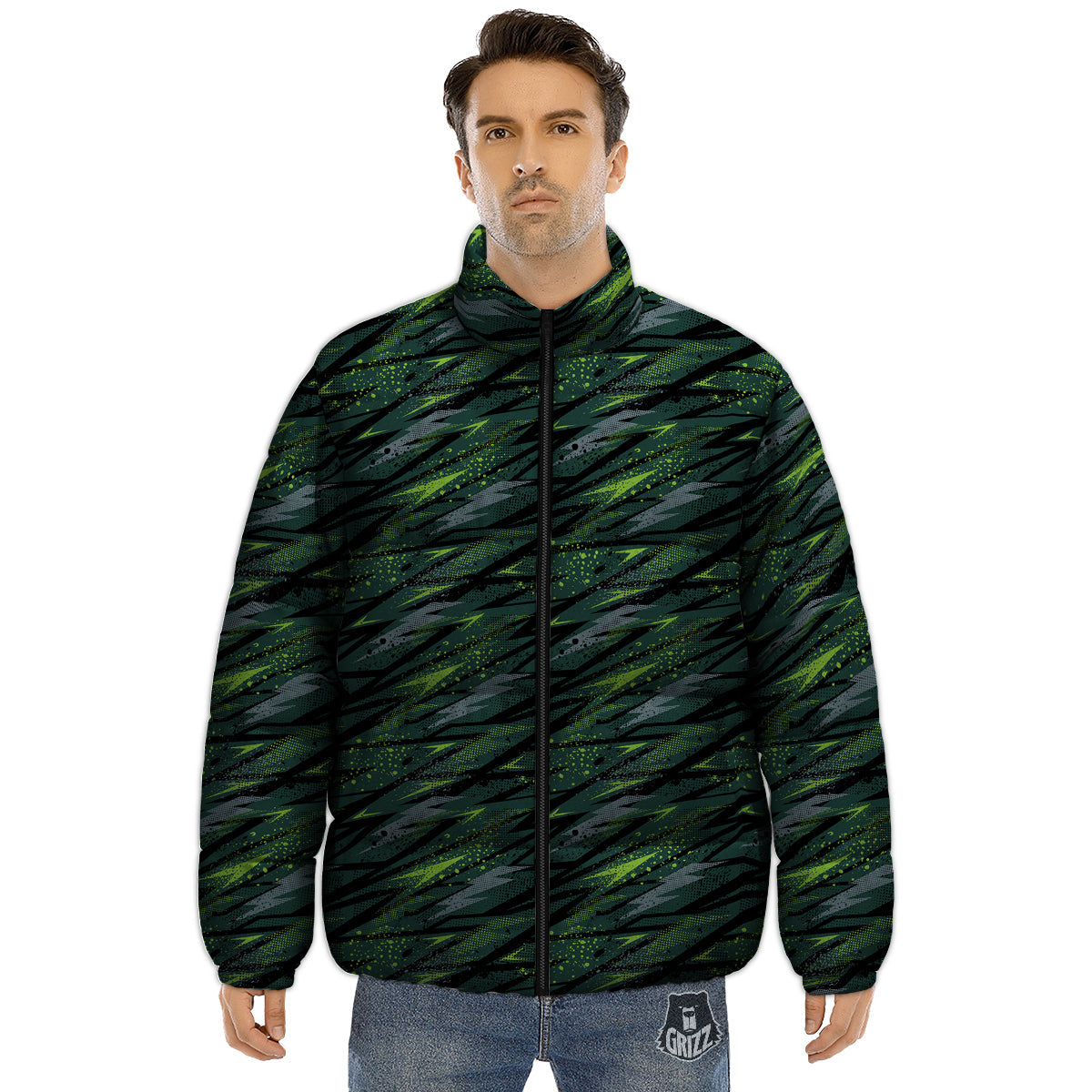 Abstract Green Lightning Print Pattern Puffer Jacket