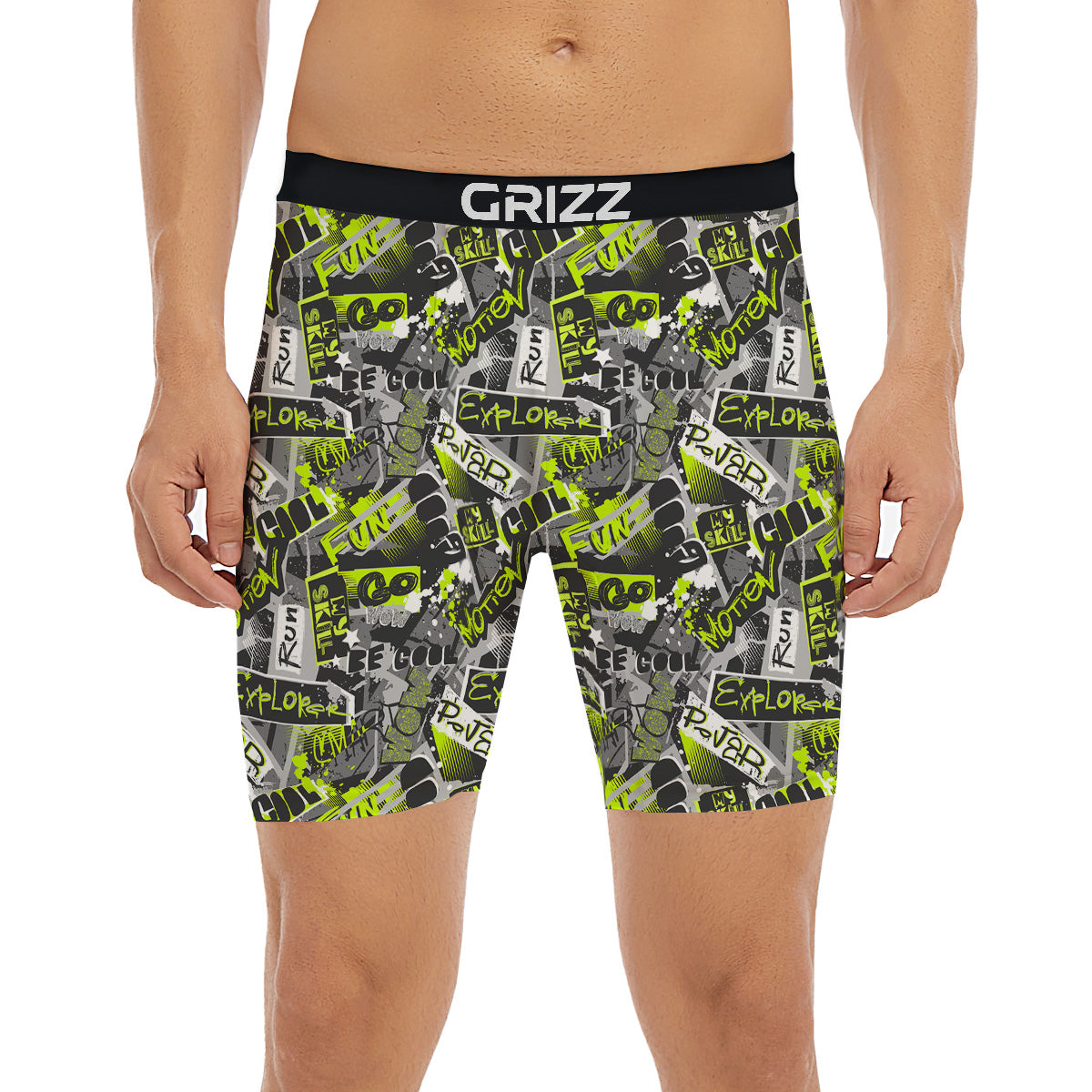 Abstract Grey And Neon Green Graffiti Print Pattern Boxer Briefs