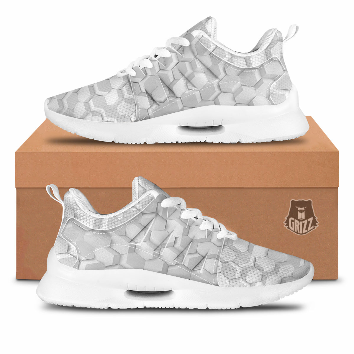 Abstract Hexagonal White 3D Print Pattern Tennis Shoes