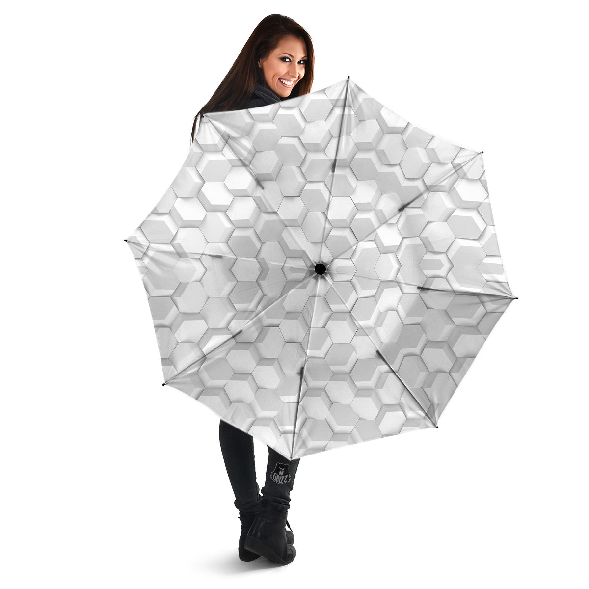 Abstract Hexagonal White 3D Print Pattern Umbrella