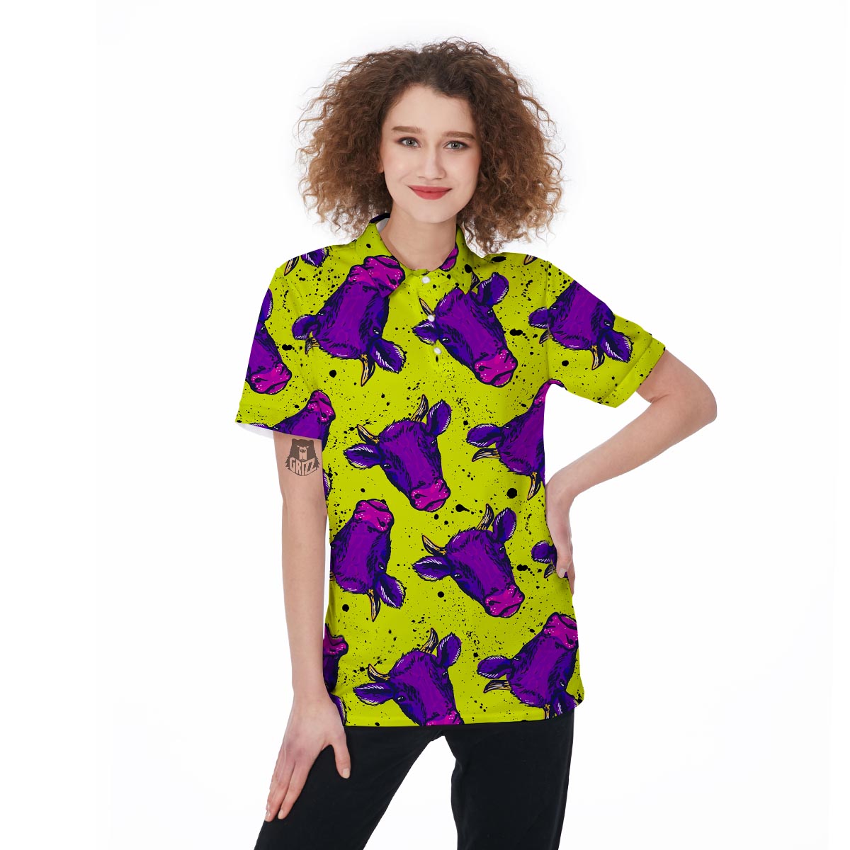 Abstract Neon Cow Print Women's Golf Shirts