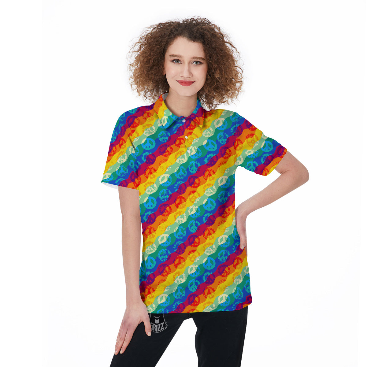 Abstract Rainbow Peace Signs And LGBT Print Pattern Women's Golf Shirt