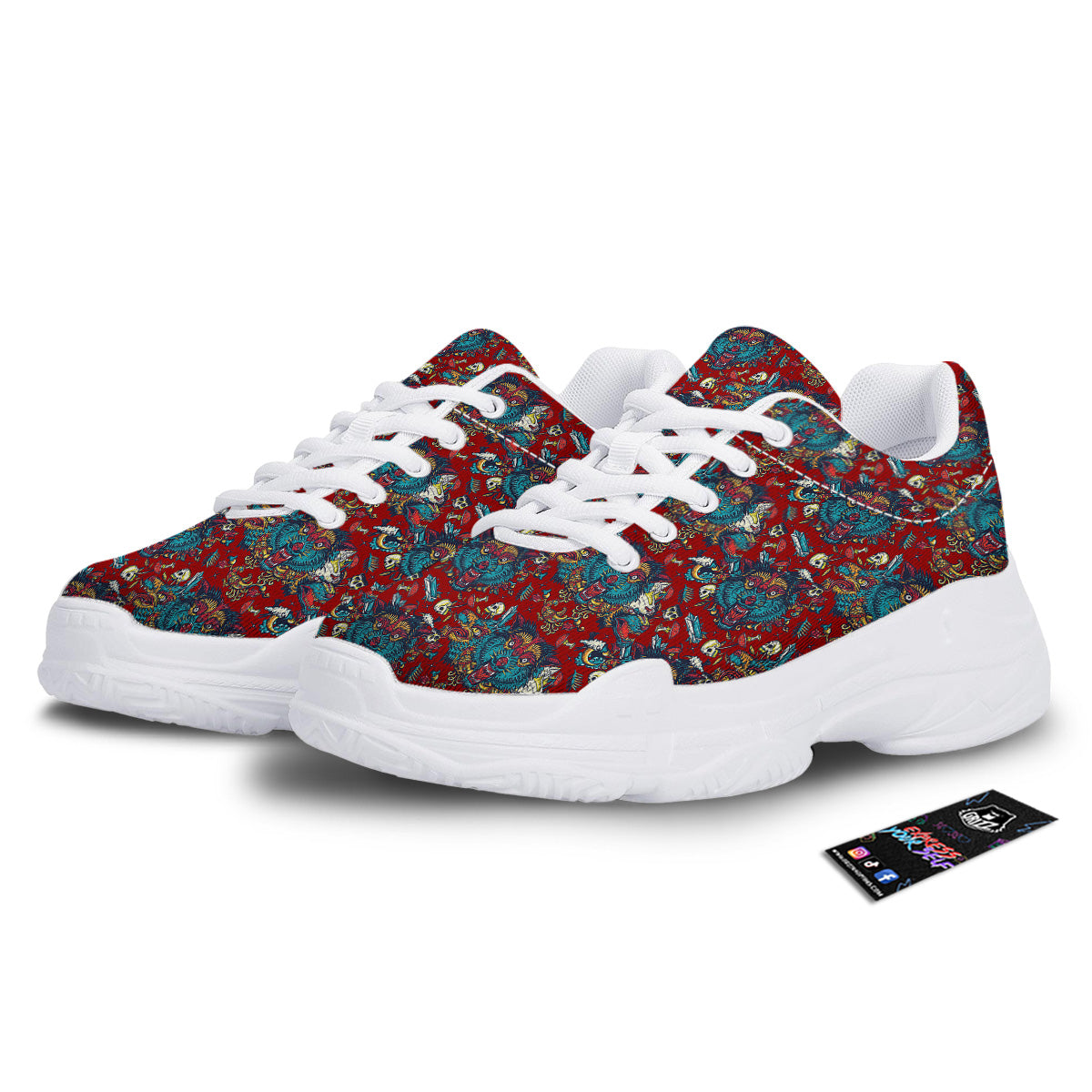 Abstract Wolf Fairy Tale Tattoo Print Pattern White Chunky Shoes