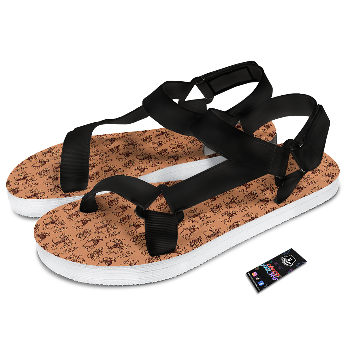 Acorn Drawing Print Pattern Black Open Toe Sandals