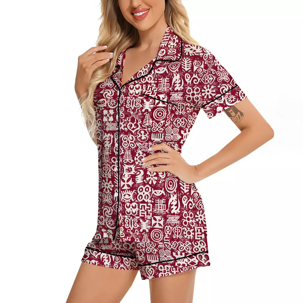 Adinkra African Tribe Red Symbols Women Silk Pajamas