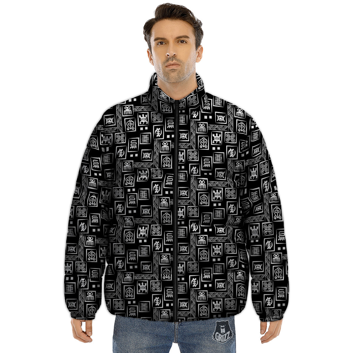 Adinkra Symbols White And Black Print Pattern Puffer Jacket