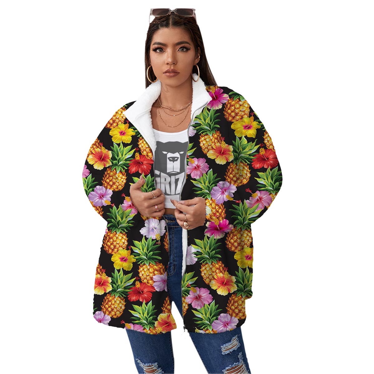 Aloha Pineapple Tropical Print Pattern Tropical Women's Sherpa Jacket