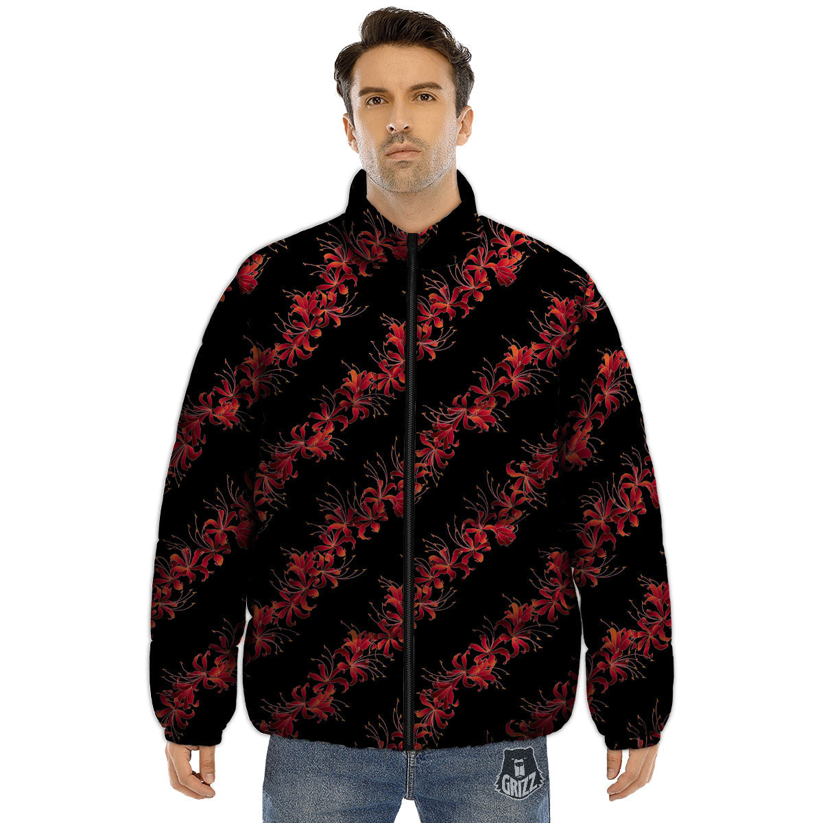 Amaryllis Red Japanese Print Pattern Puffer Jacket