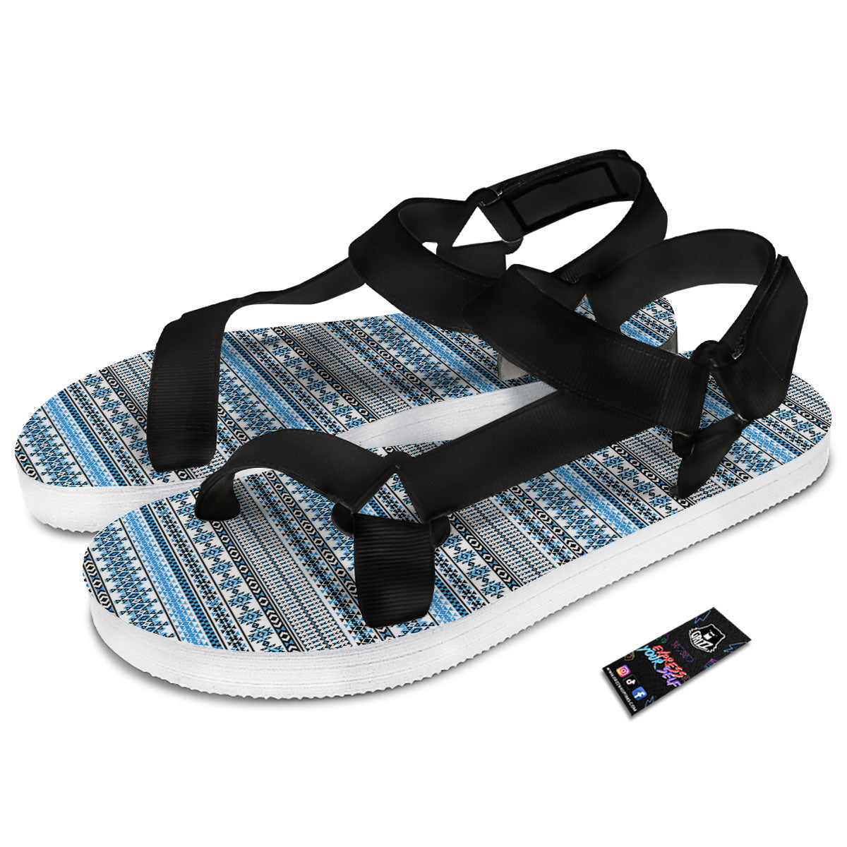 American Aztec Blue Native Print Pattern Black Open Toe Sandals