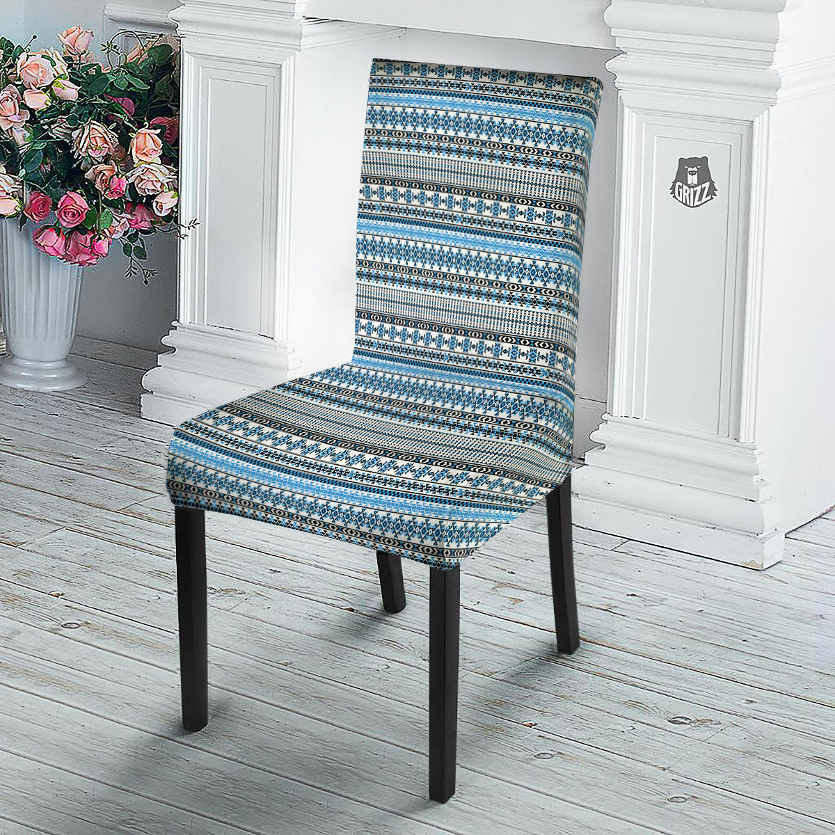 American Aztec Blue Native Print Pattern Dining Chair Slipcover
