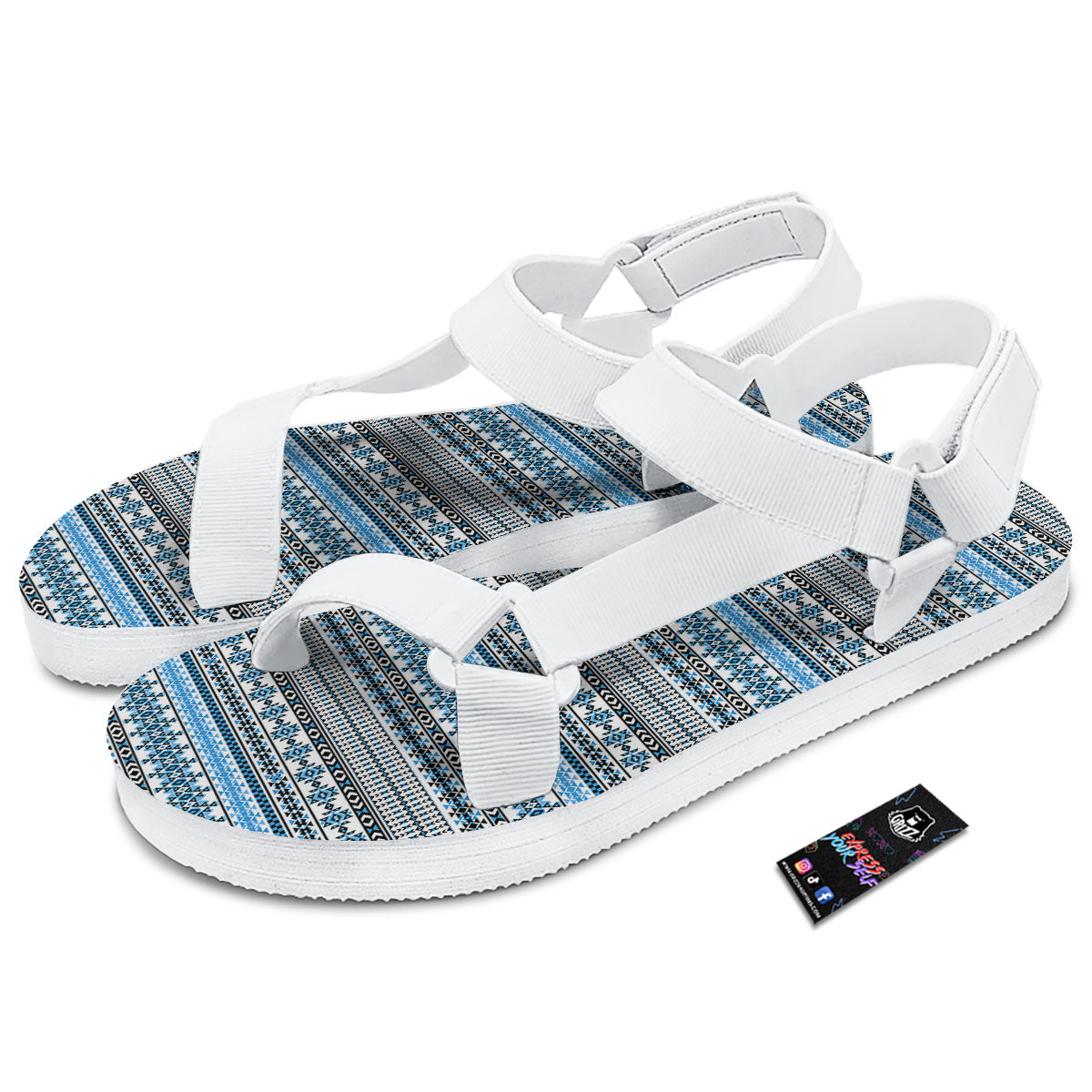American Aztec Blue Native Print Pattern White Open Toe Sandals