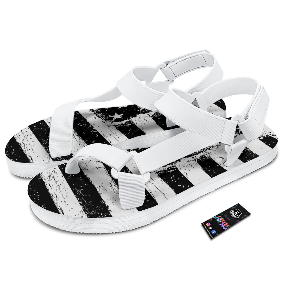 American Flag Monochrome Grunge Print White Open Toe Sandals