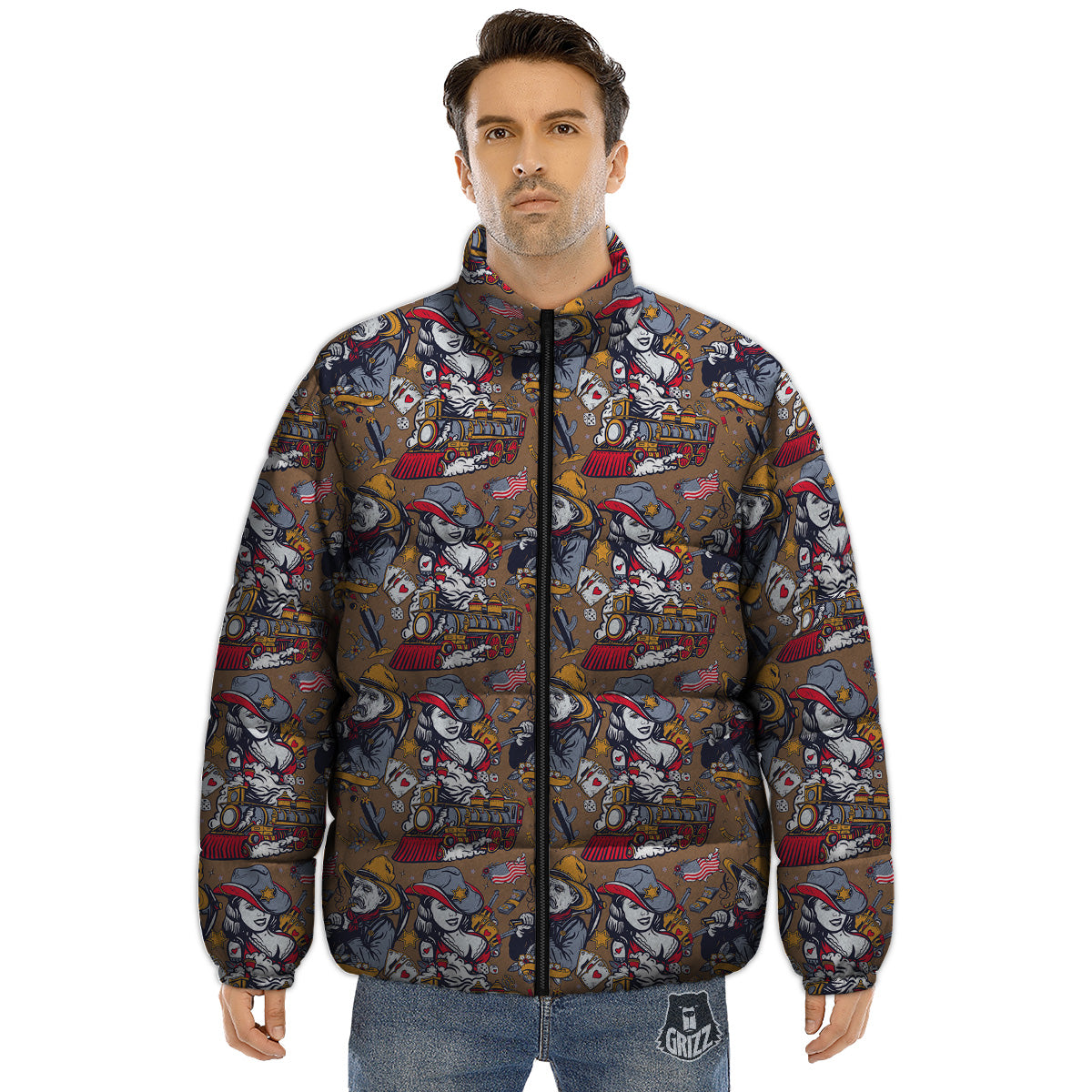 American Old West History Print Pattern Puffer Jacket