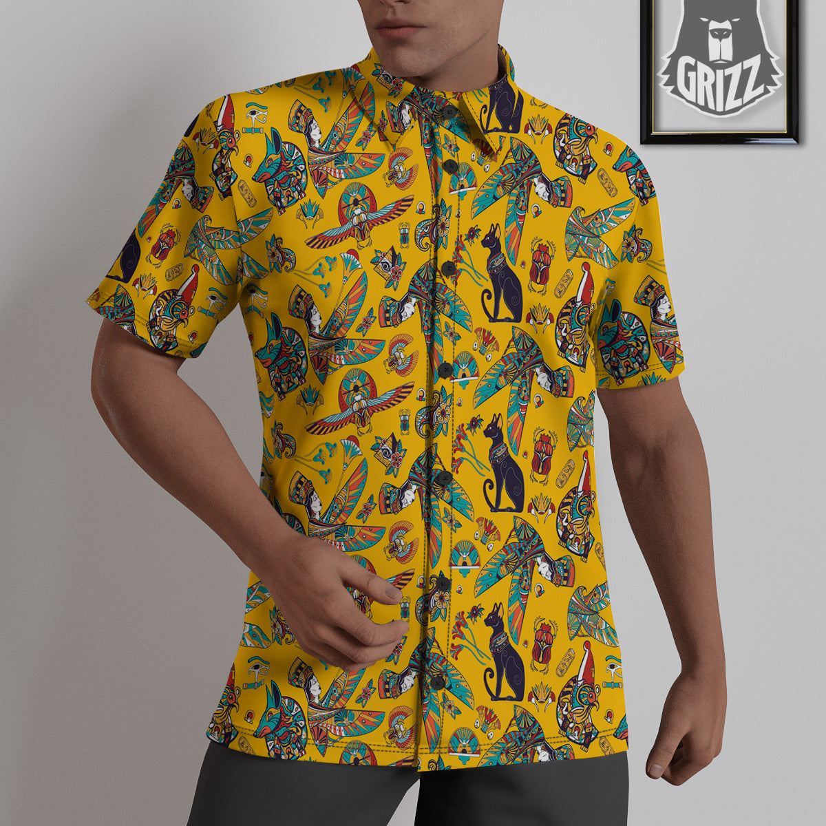 Ancient Egypt Yellow Print Pattern Untucked Shirts