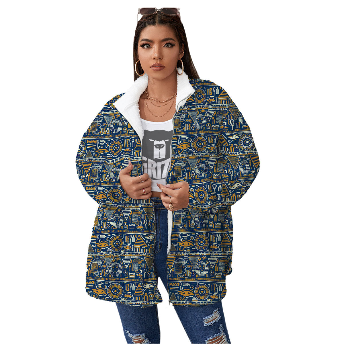 Ancient Egyptian Tribal Blue Print Pattern Women's Sherpa Jacket