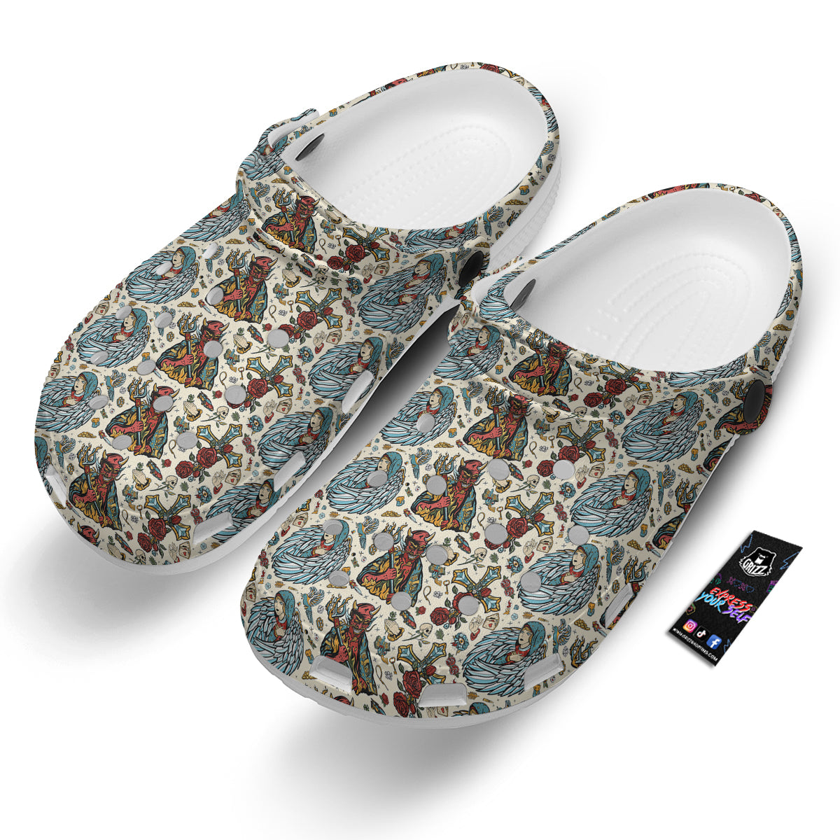 Angel And Demon Old School Tattoo Print Pattern Clog