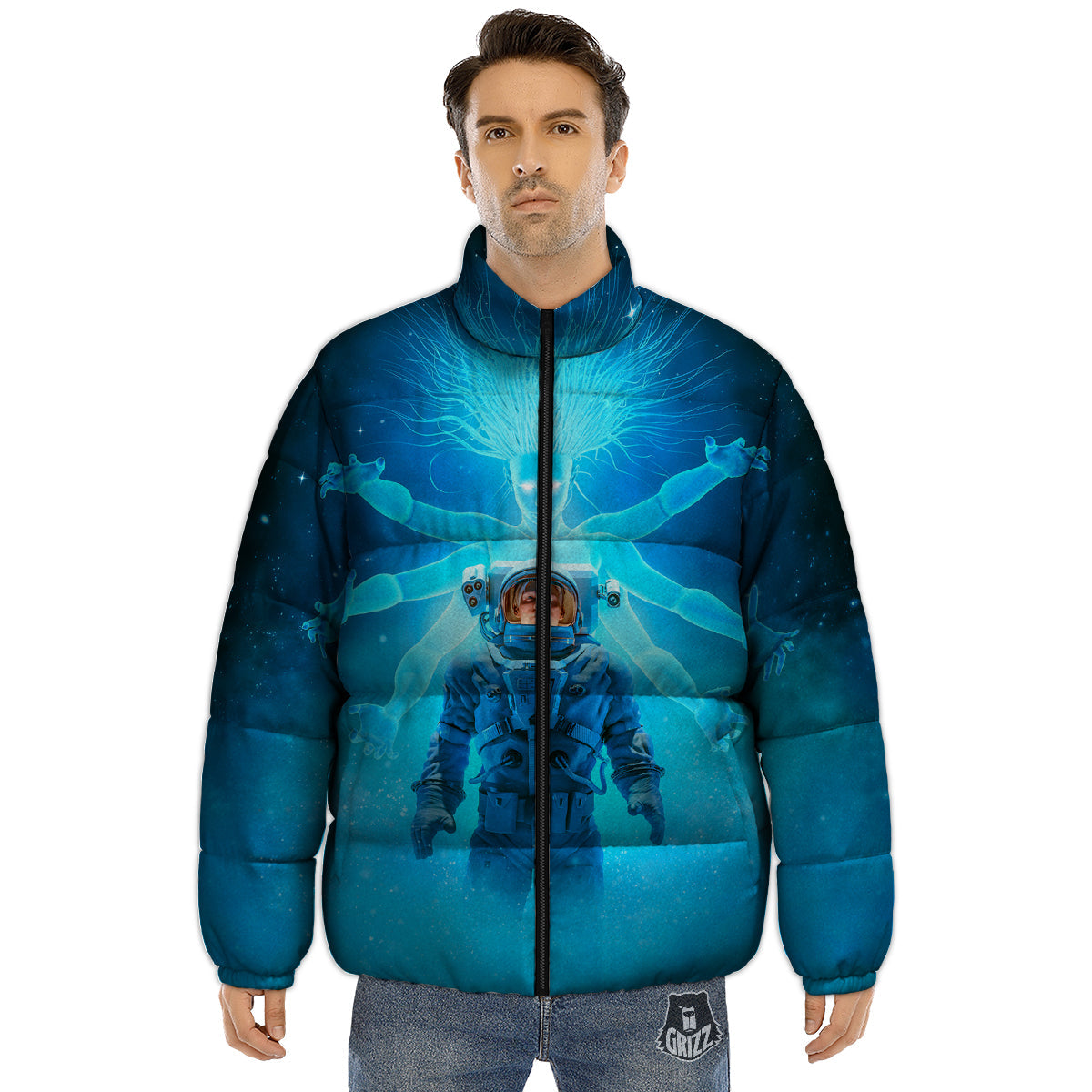 Astronaut And Female Alien Print Puffer Jacket