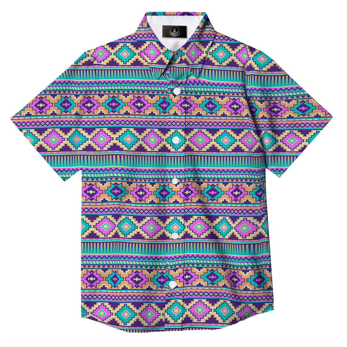 Aztec Neon Native Print Pattern Button Up Shirt