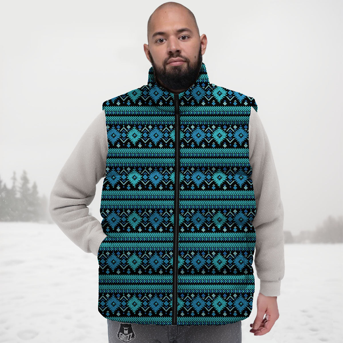Aztec Tribal Blue Native Print Pattern Down Vest