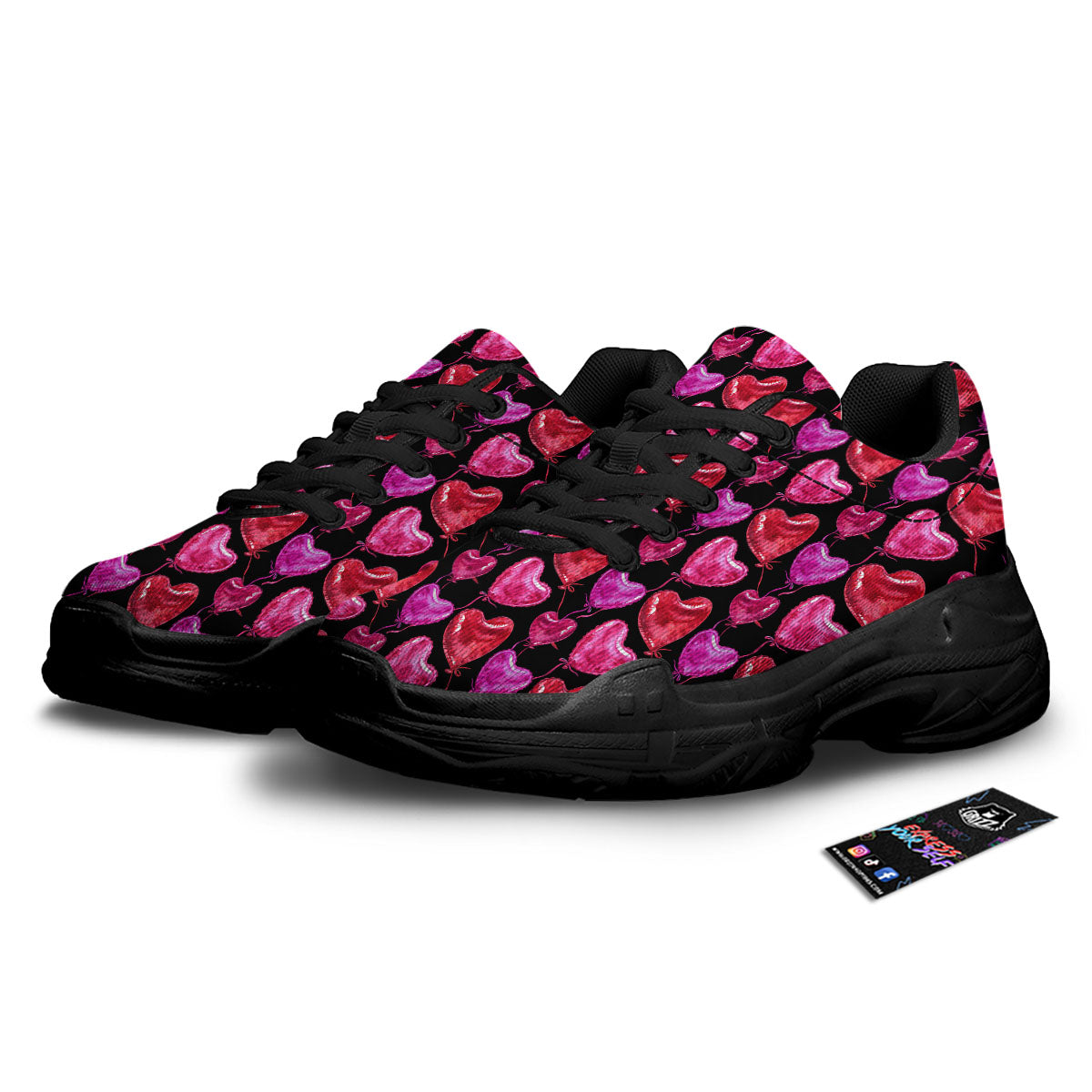 Balloon Red Heart Print Pattern Black Chunky Shoes