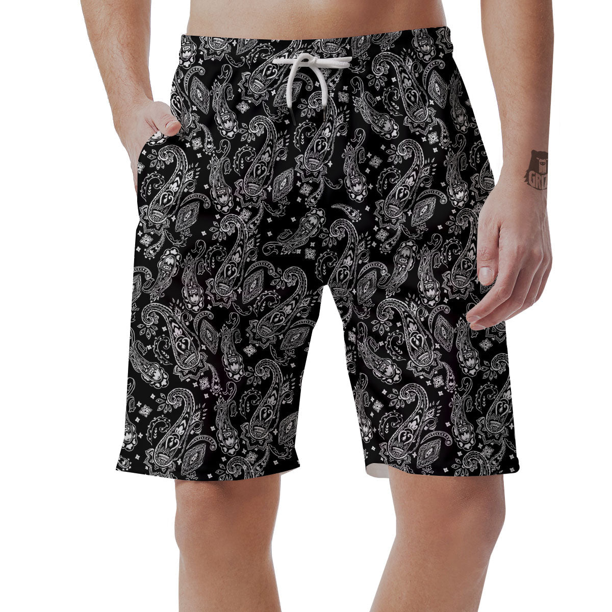 Bandana Black Paisley Print Pattern Men's Shorts