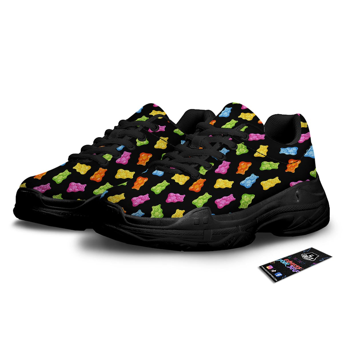 Bear Sweet Gummy Print Pattern Black Chunky Shoes