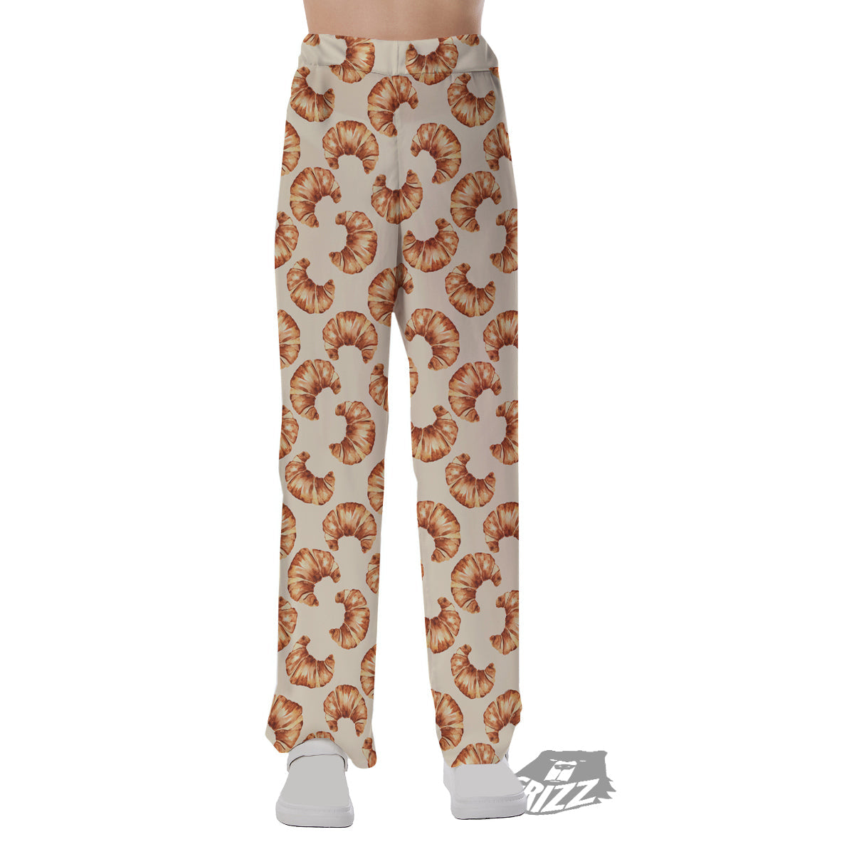 Beige Croissant Watercolor Print Pattern Pajama Pants