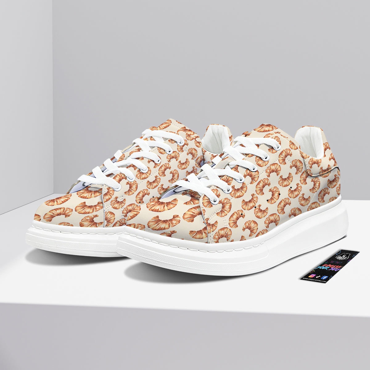 Beige Croissant Watercolor Print Pattern Platform Shoes