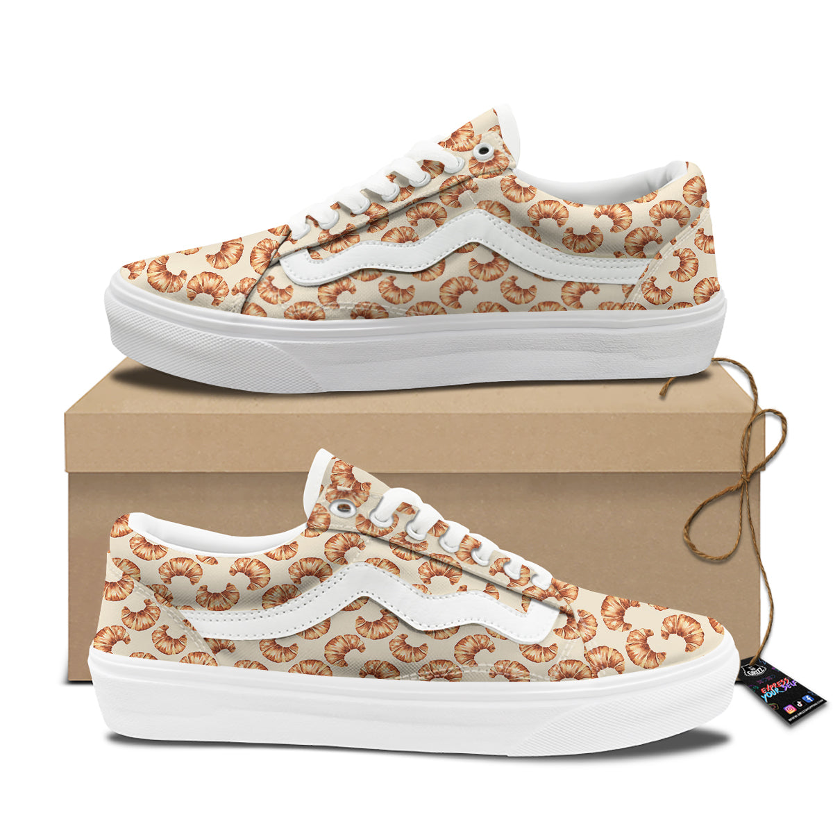 Beige Croissant Watercolor Print Pattern Skate Shoes