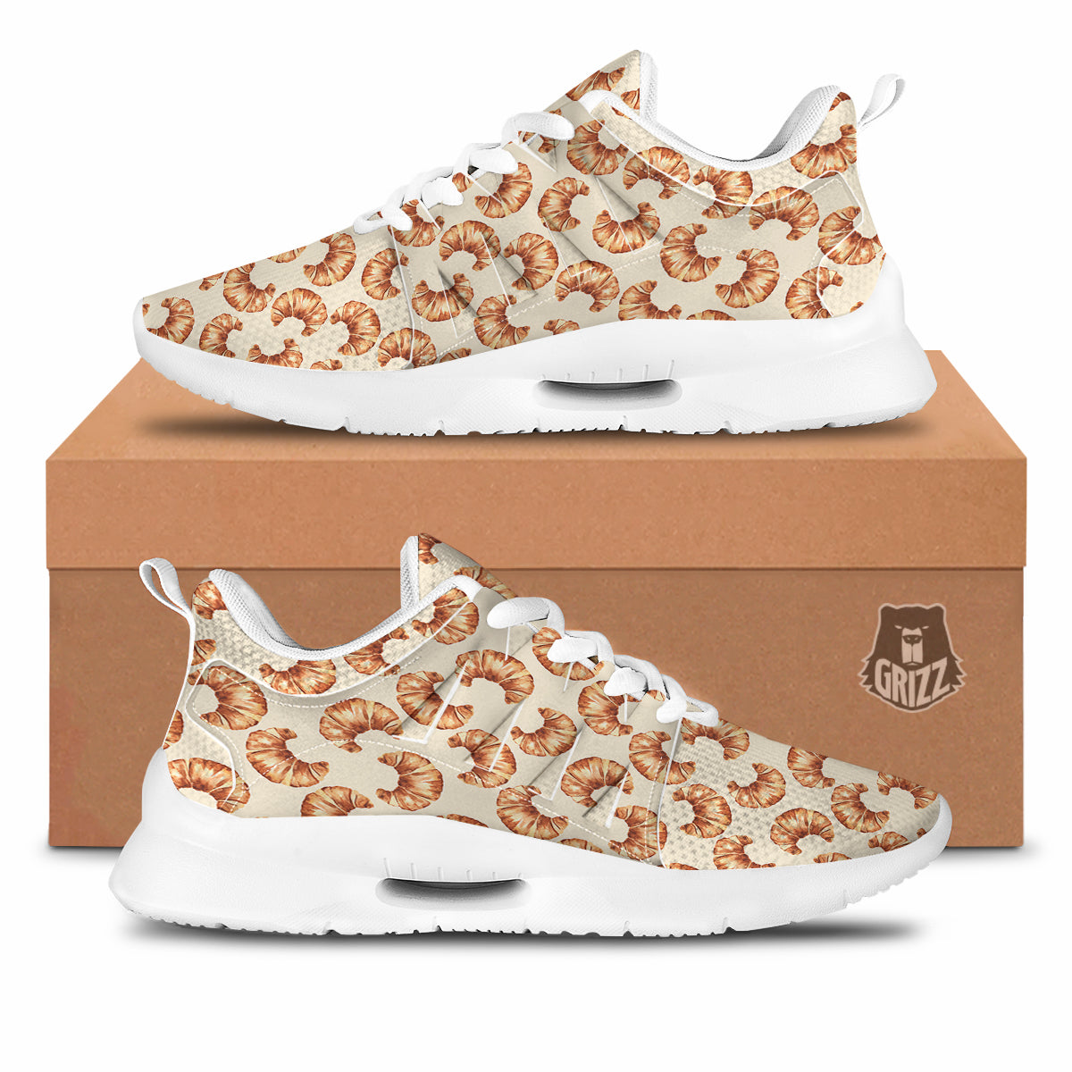 Beige Croissant Watercolor Print Pattern Tennis Shoes