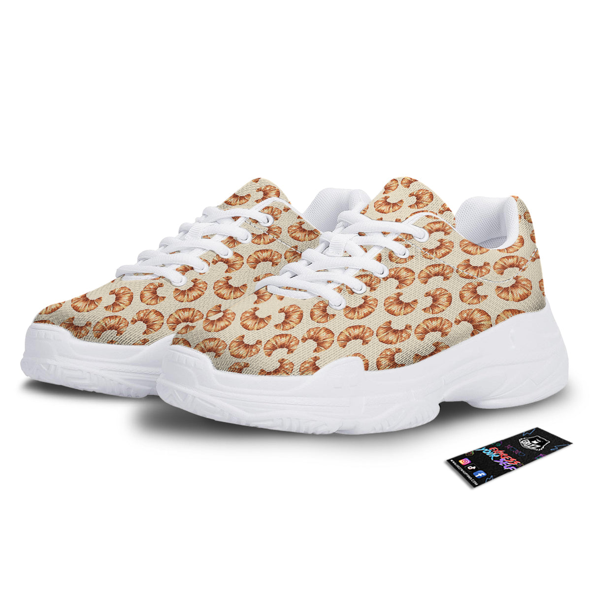 Beige Croissant Watercolor Print Pattern White Chunky Shoes