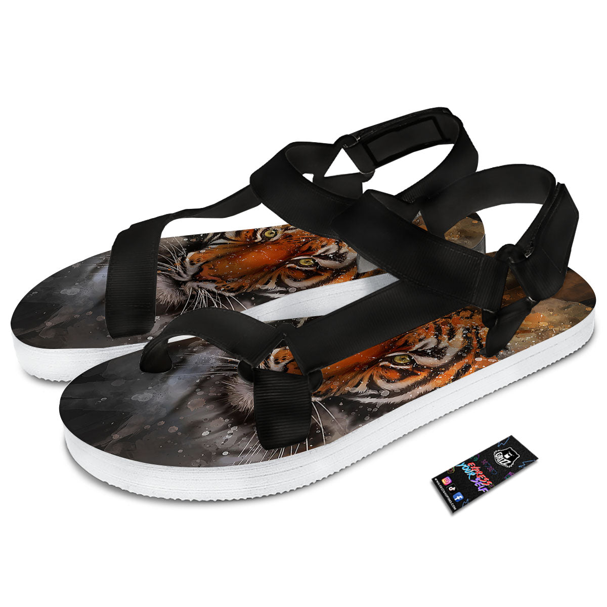 Bengal Tiger Watercolor Print Black Open Toe Sandals