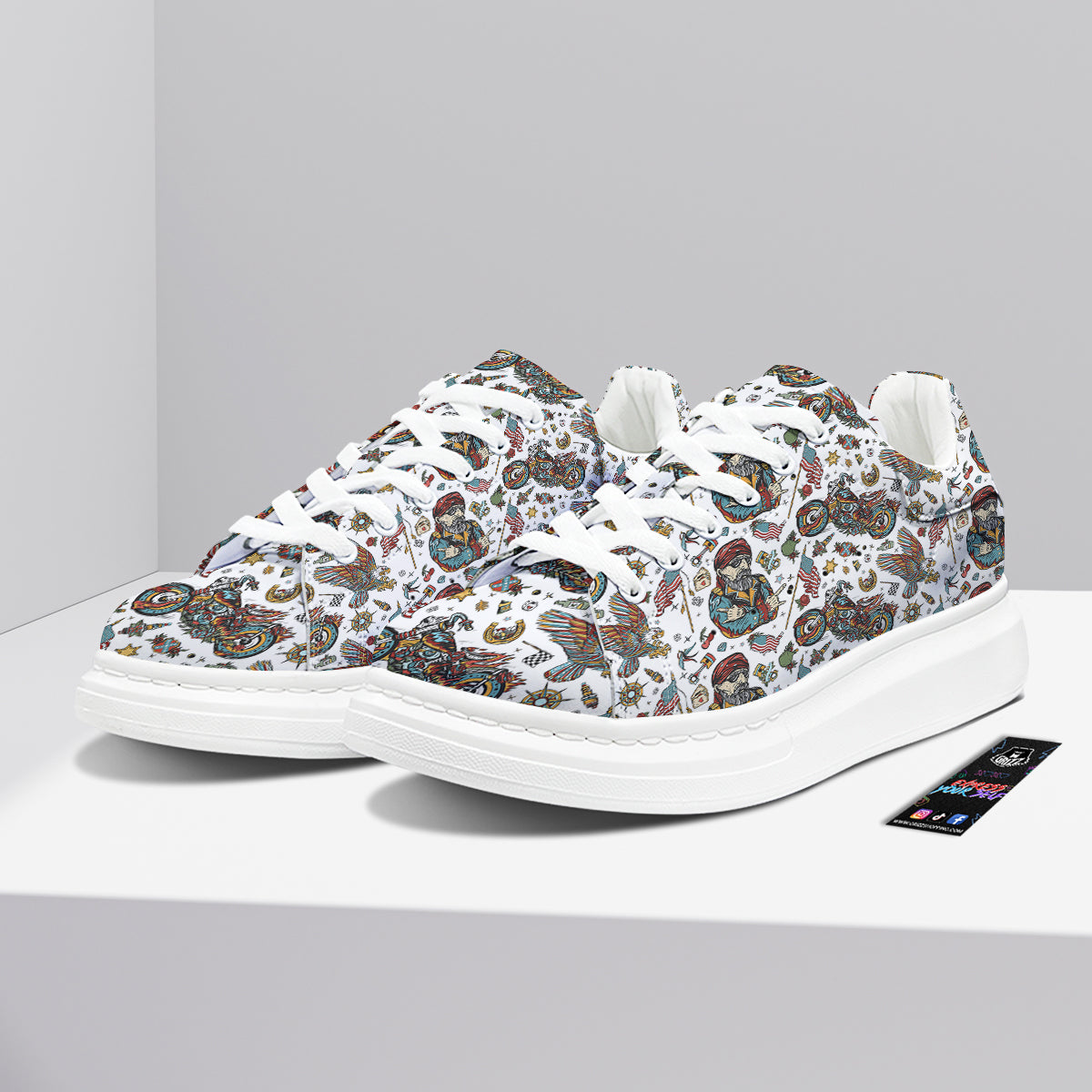 Bikers Old School Tattoo Print Pattern Platform Shoes