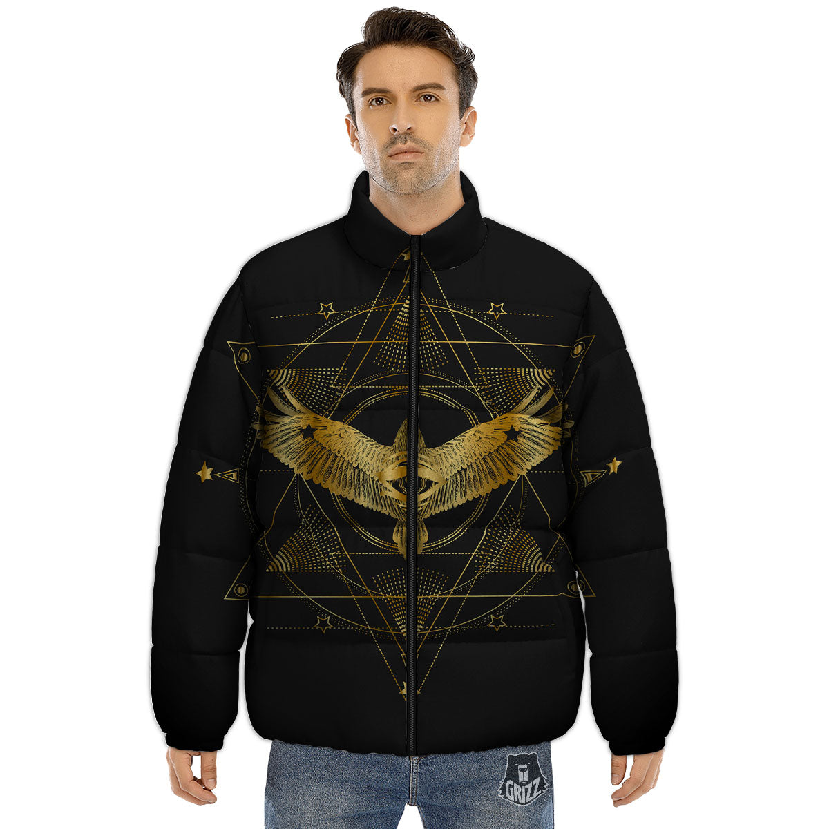Bird Spiritual Golden Print Puffer Jacket