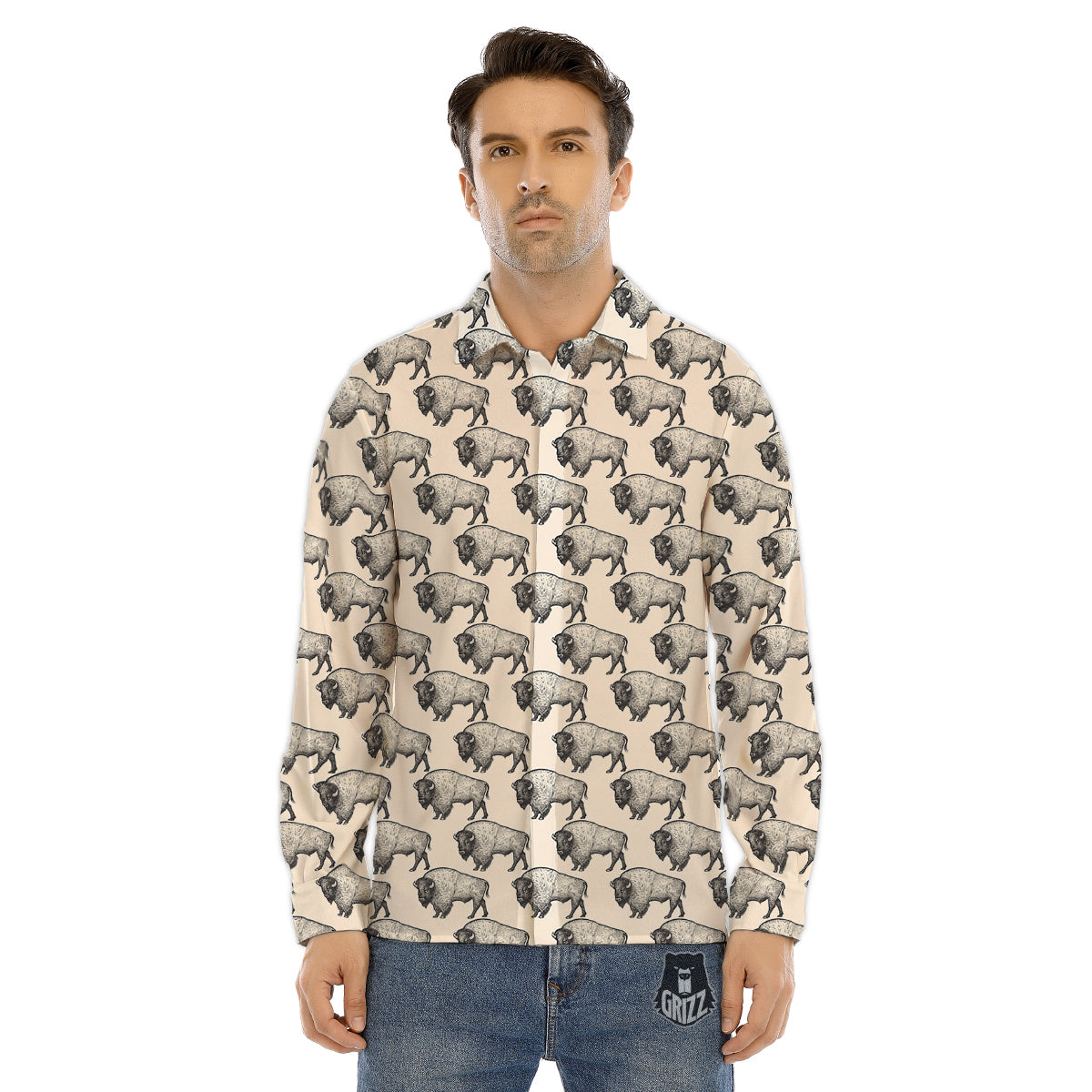Bison Beige Print Pattern Men's Dress Shirts